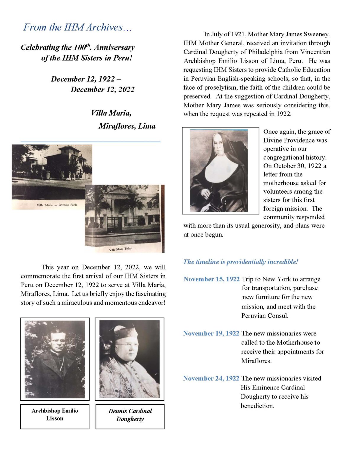 Celebrating the 100th Anniversary of the IHM Sisters in Peru! – Sisters ...